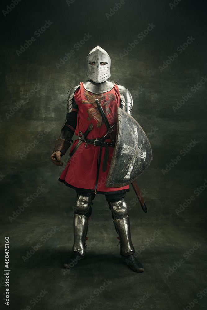 Full length portrait. One medeival warrior or knight in armor and ...