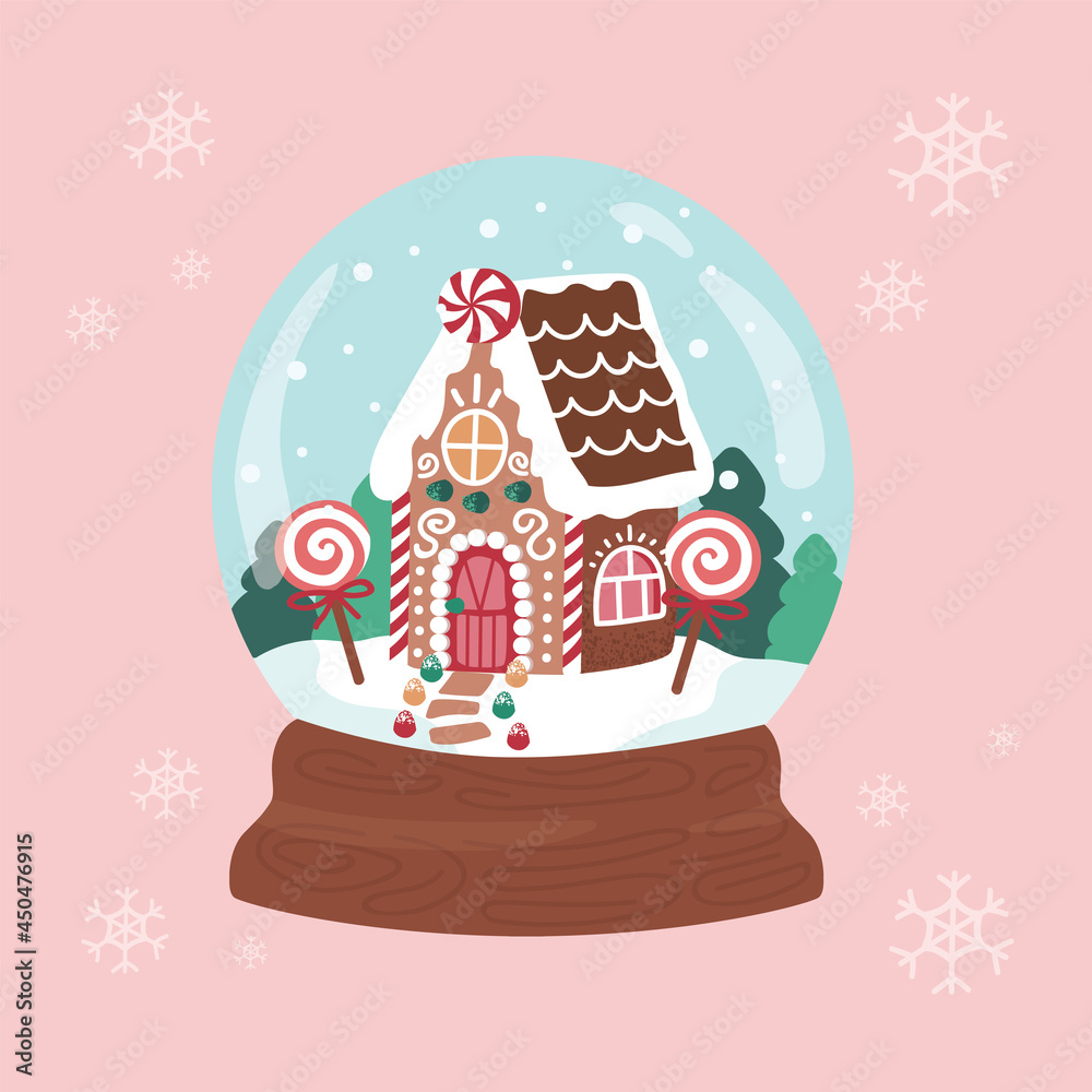 Merry christmas snow globe gingerbread house, sweets and desserts tree ...