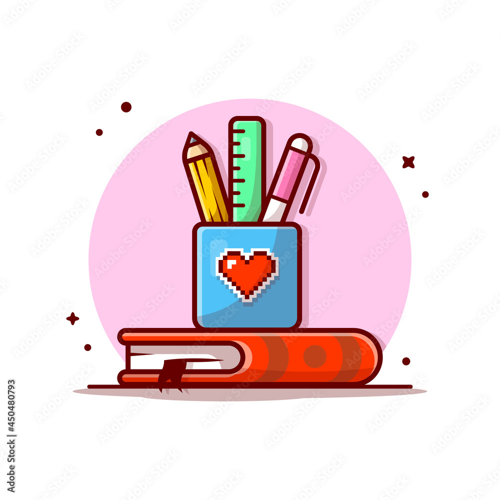 Stationery with Ruler, Pencil, Pen and Book Cartoon Vector Icon ...