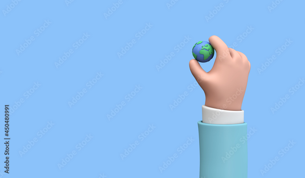 Cartoon style hand holding a planet earth. Earth day concept. 3D Render ...