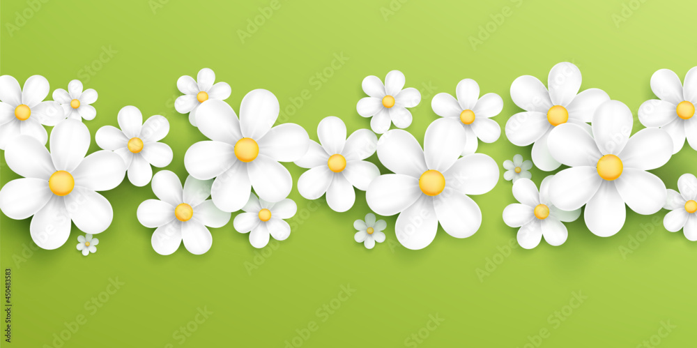 Green background with 3d realistic chamomile or daisy flower Stock ...