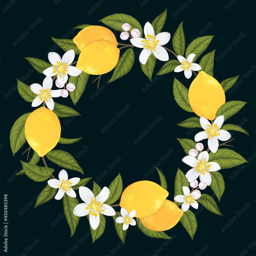 Wreath of Lemon fruit background template. Vector set of lemon element ...