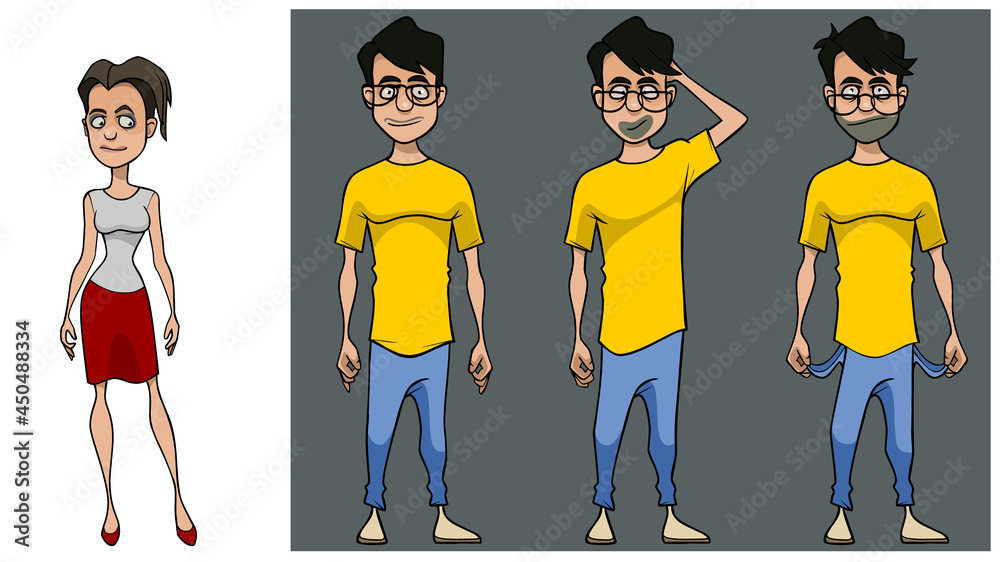 cartoon man in three different poses and one woman Stock Vector | Adobe ...
