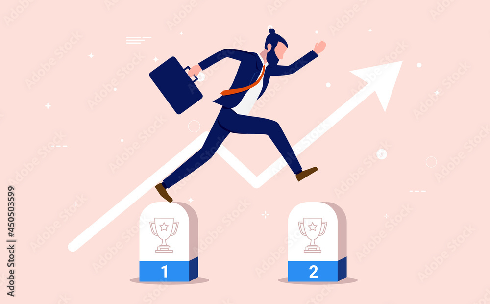 Business milestones - Businessman jumping on milestone with arrow ...