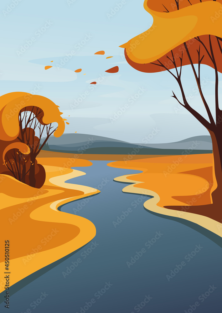 River going over horizon. Autumn landscape in vertical orientation ...
