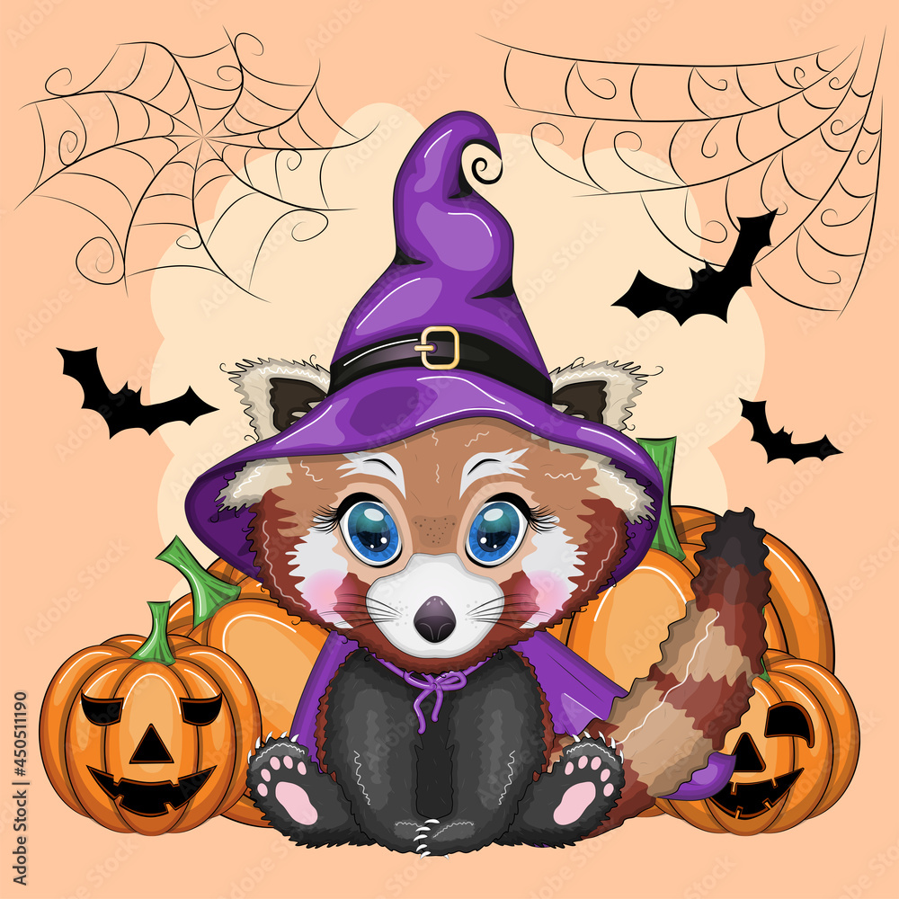 Cartoon red panda in a purple witch's hat and cloak with pumpkins ...