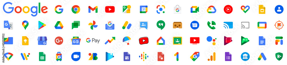 Google product logo. Set of Google products. Google Chrome, Translate ...