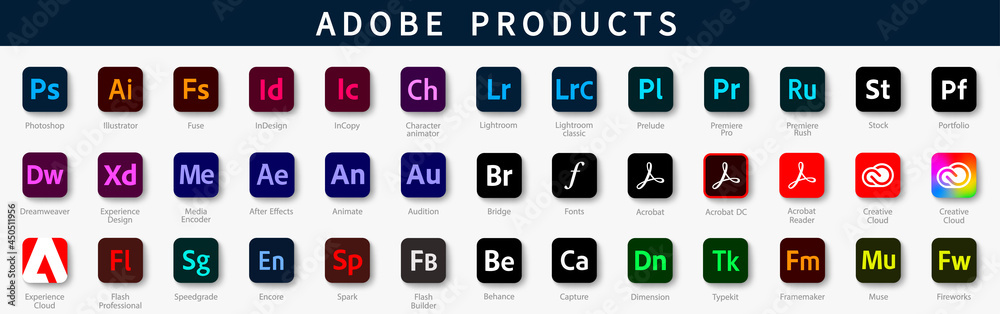 Adobe Products icons. Photoshop. Illustrator. Lightroom. InDesign ...
