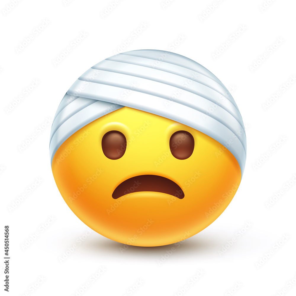 Bandaged head emoji. Injured emoticon with head-bandage, clumsy yellow ...