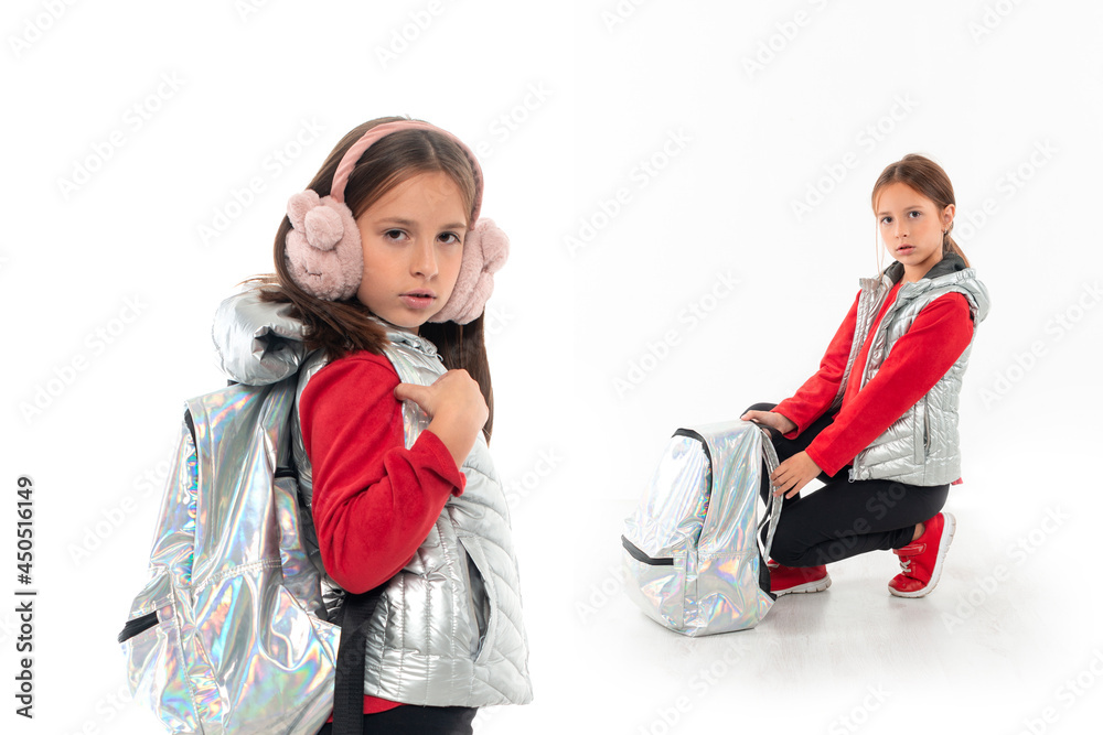 Full and half length portraits of a young serious girl wearing shiny ...