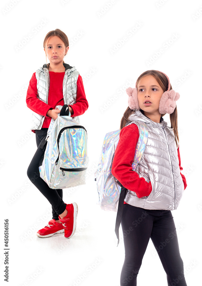 Full and half length portraits of a young serious girl wearing shiny ...