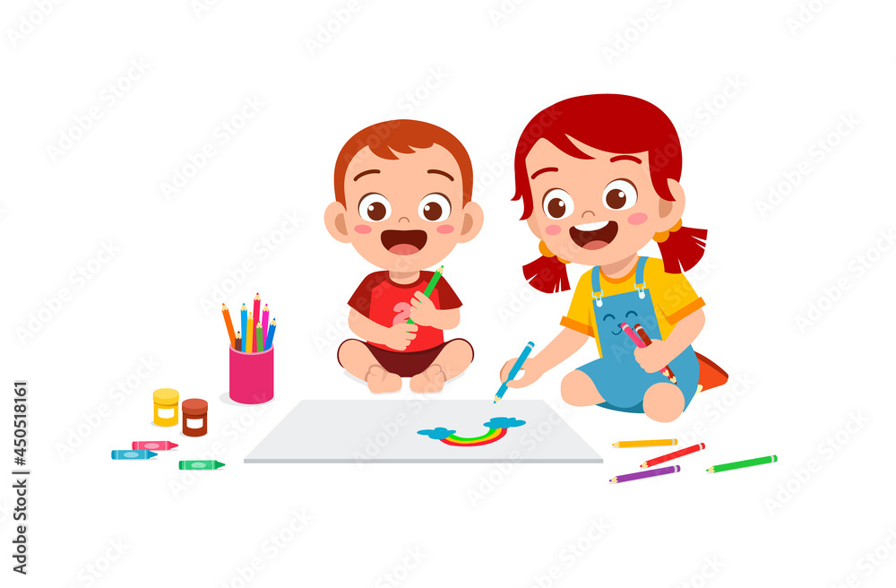 cute little girl drawing together with baby sibling Stock Vector ...