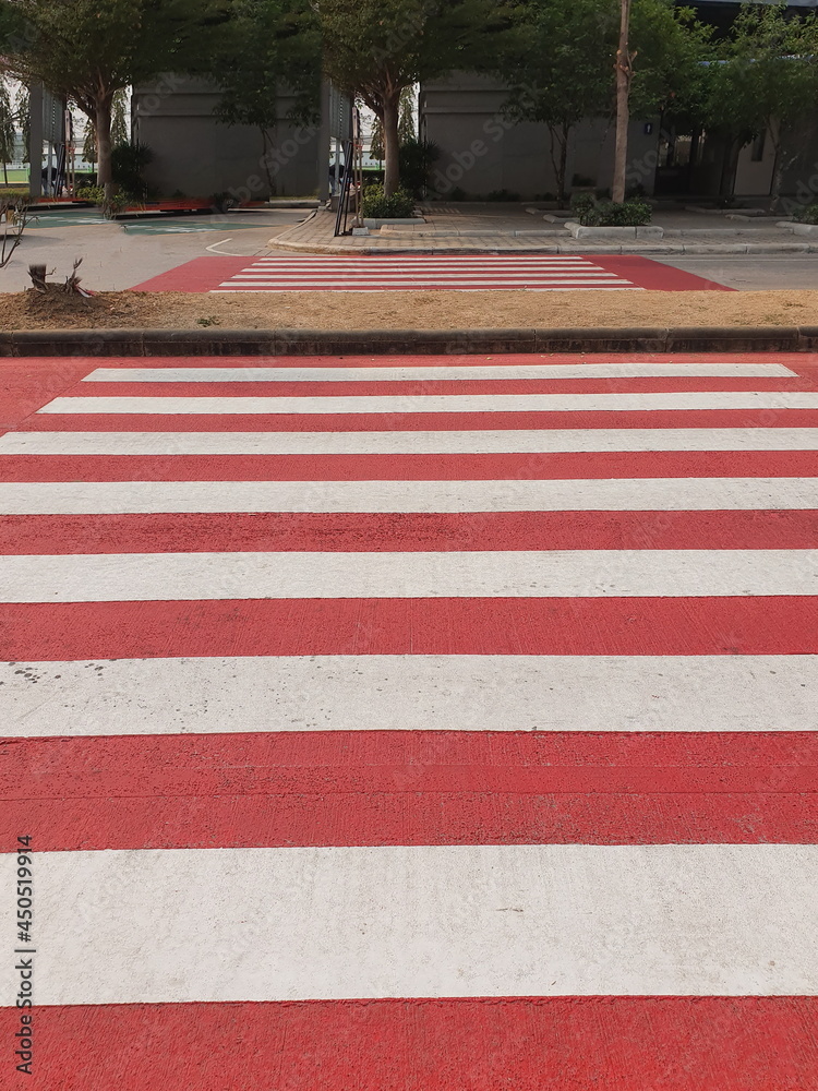 The top view of the red and white zebra is a symbol of a safe road ...