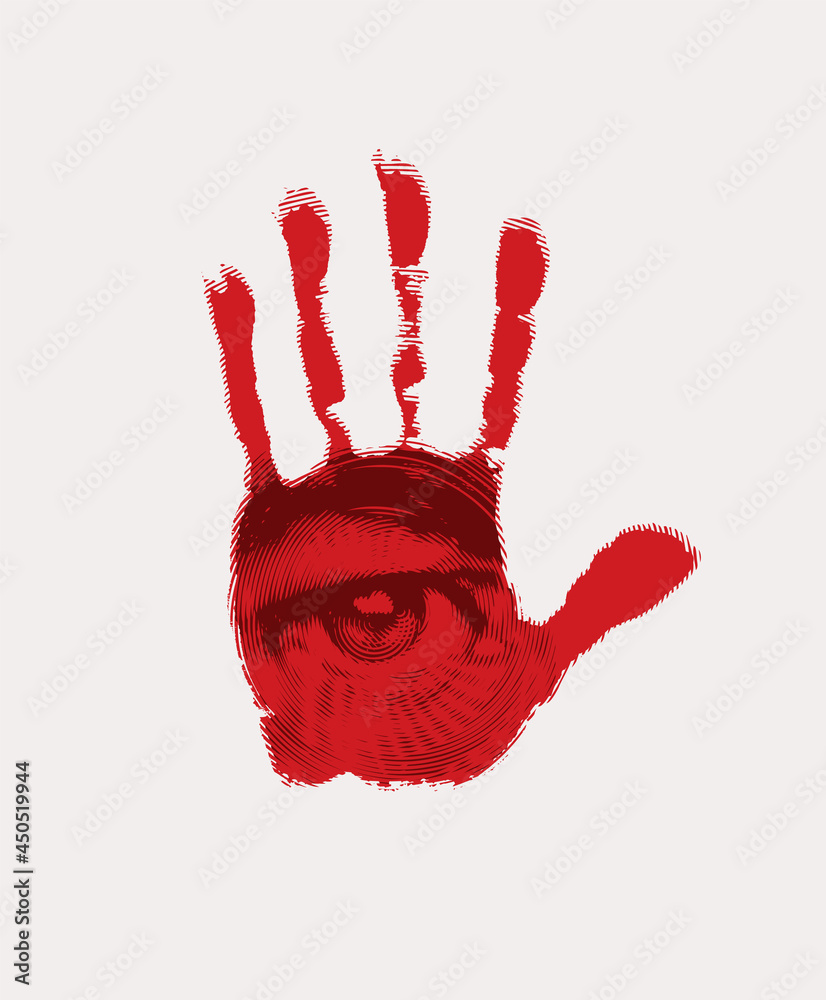 Vector banner with red handprint with male eye and an eyebrow on a palm ...