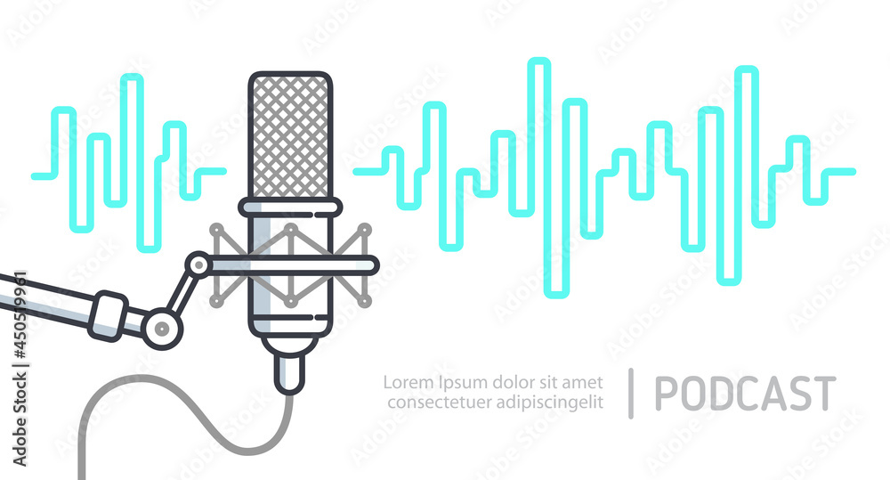 Radio podcast or recording studio microphone with audio wave design ...