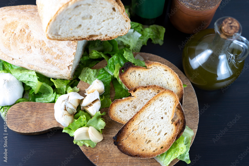 Bread food display for fettunta with oil garlic an tuscan bread Stock ...