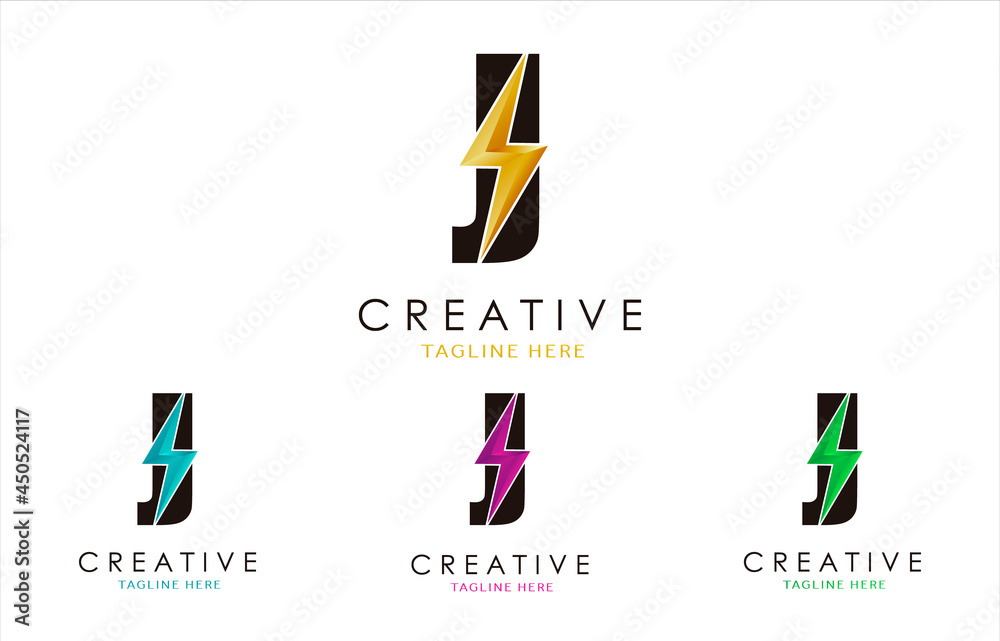 Letter J Lightning Bolt Logo Set Concept. 3d Electrical Logo Design ...