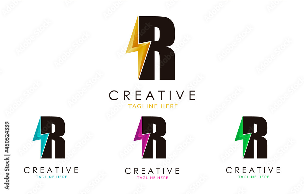 Letter R Lightning Bolt Logo Set Concept. 3d Electrical Logo Design ...