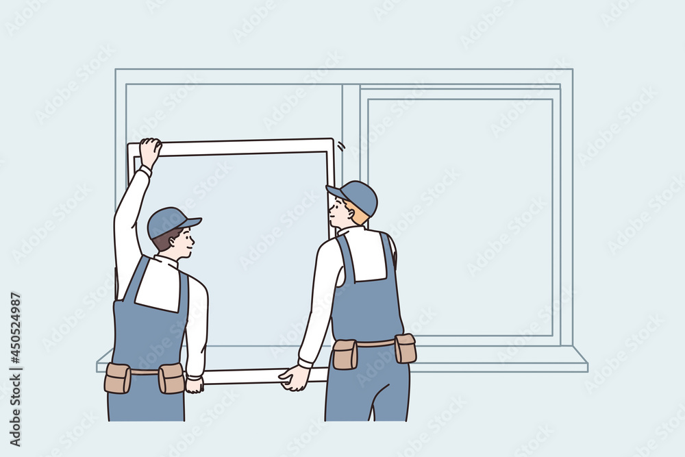 Repairing and reconstruction at home concept. Two men workers in ...