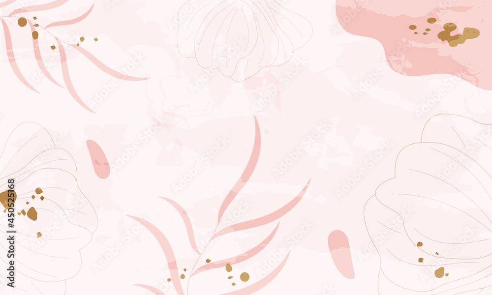 Minimalist pink background with flowers, leaves with gold blotches ...