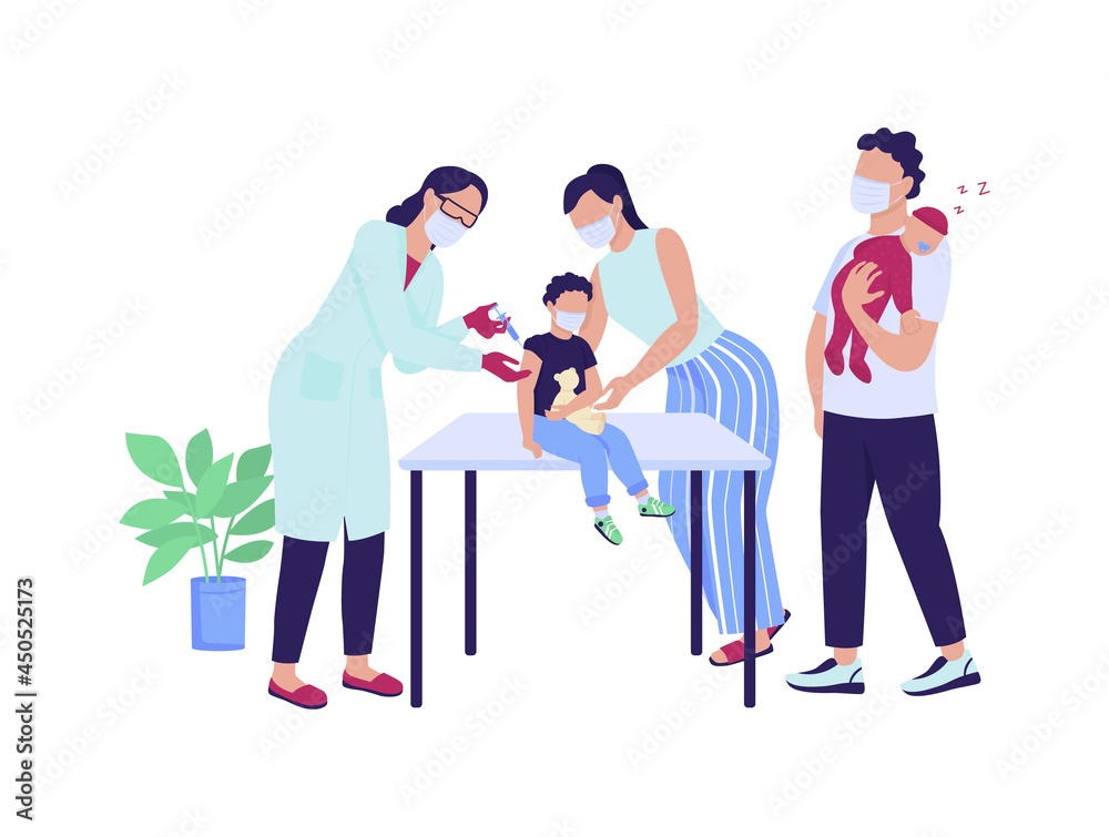 Children immunization semi flat color vector characters. Full body ...