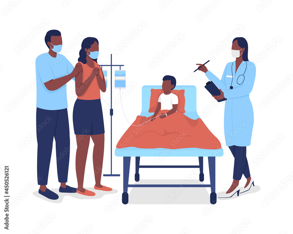 Pediatric hospitalization semi flat color vector characters. Full body ...