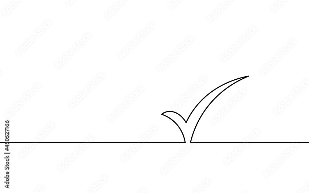 Single continuous line check icon silhouette. Approved test correct ...