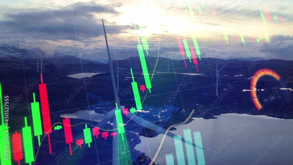 Charts, diagrams, world map and energy levels on wind power background ...