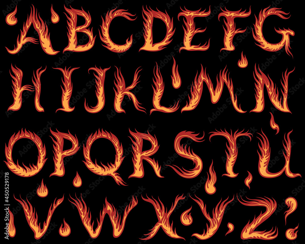 Fiery font. Design set. Editable hand drawn illustration. Vector ...