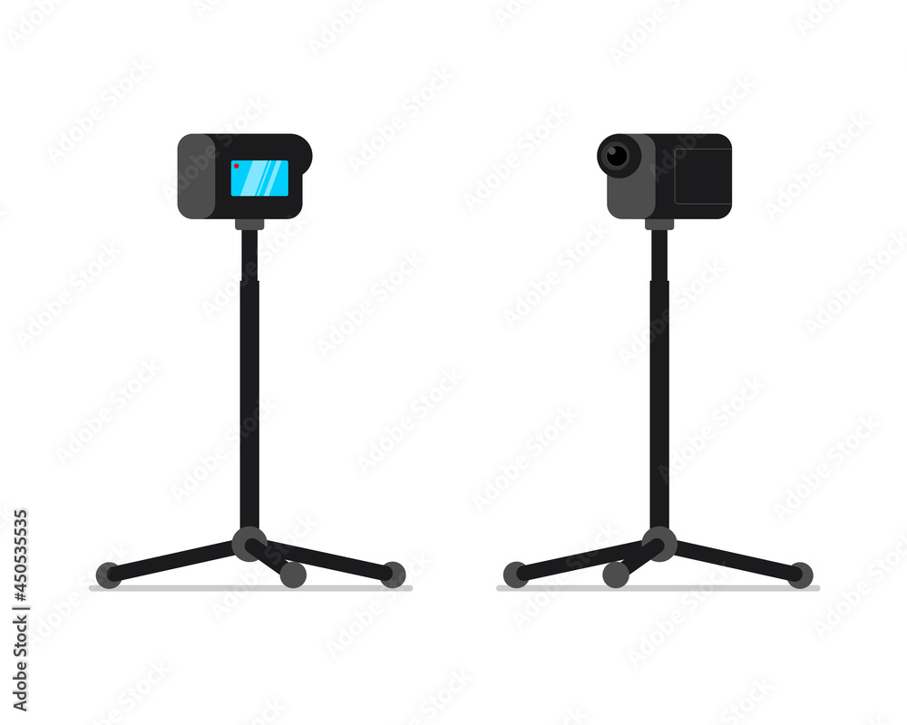 Action camera on monopod stand front and back view set. Mobile HD 4K ...