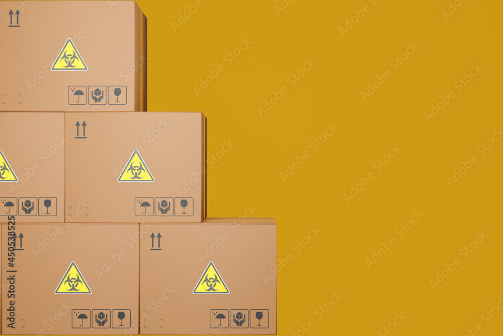 Dangerous goods, cardboard boxes labeled "viral hazard" on a yellow ...