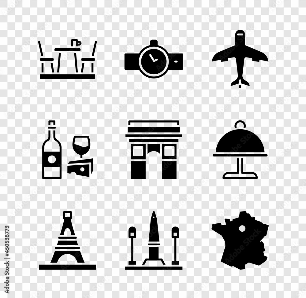 Set French cafe, Wrist watch, Plane, Eiffel tower, Place De La Concorde ...