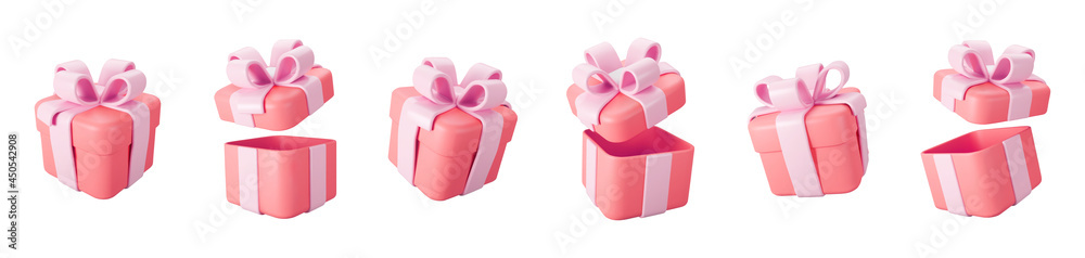 3d red gift boxes open and closed set with pastel pink ribbon bow ...