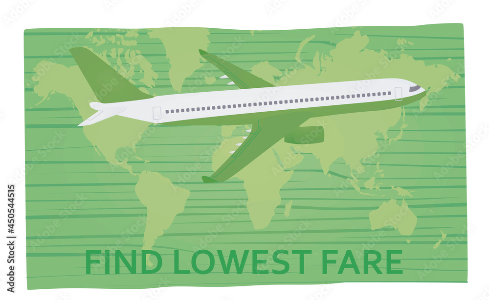 Airplane on world's map. Lowest fare text. vector Stock Vector | Adobe ...
