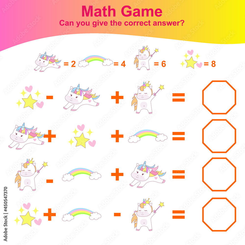 Counting unicorn game for children. Cute unicorn math worksheet ...