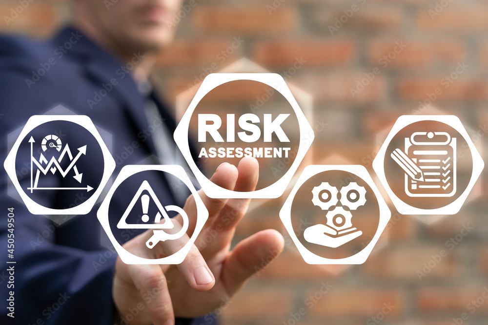Concept of risk assessment. Businessman using a virtual touchscreen ...