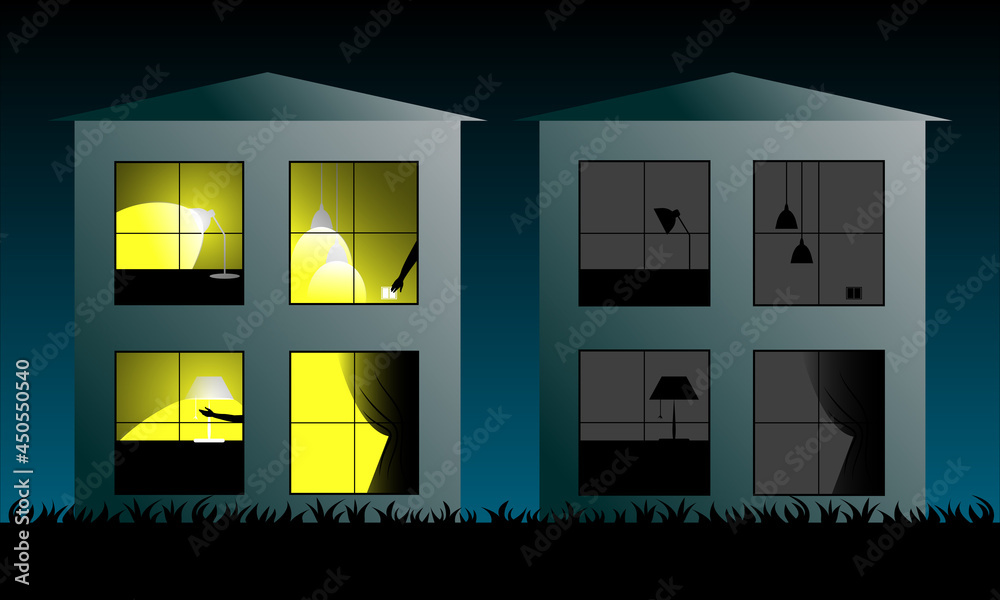 Two-storey house with lights on and off at night, human hands turning ...