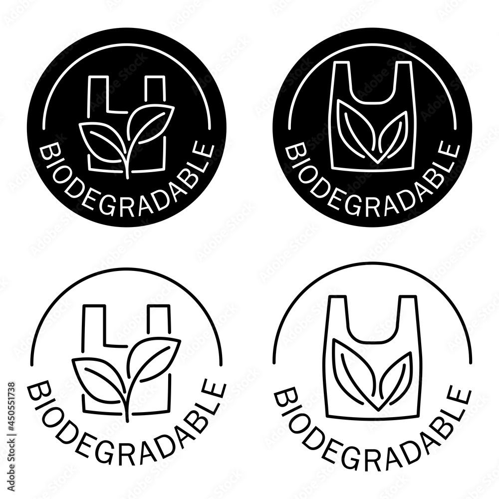 Biodegradable. Icon of plastic bag with green leaves. Plastic free ...