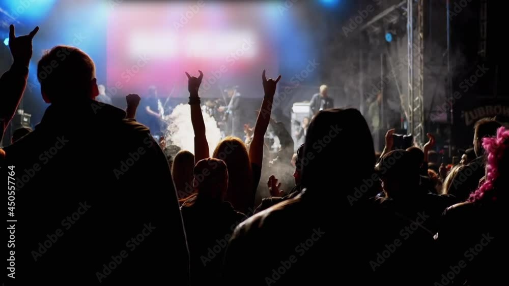 Crowd of People Applause Musicians, Raise Arms Up in Open Night Scene ...