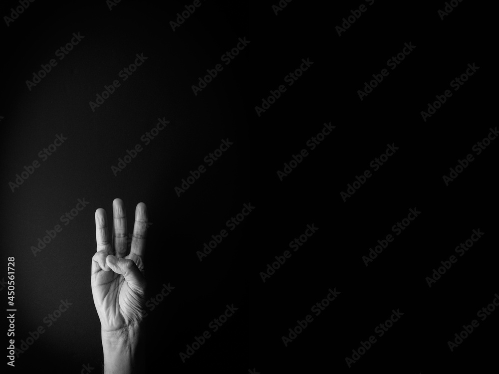 Black and white image of hand demonstrating sign language number three ...