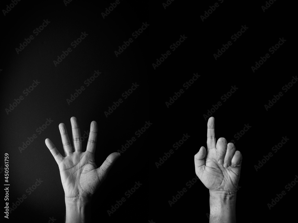 Black and white image of hand demonstrating sign language number six ...
