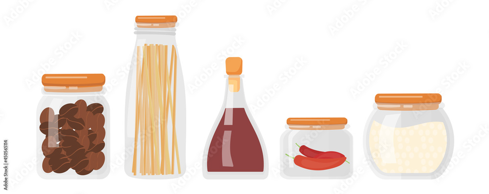 Set of kitchen food storage containers with pasta, flour, coffee beans ...