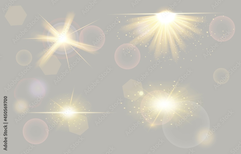 Set of shining spotlights on transparent background. Glowing light ...