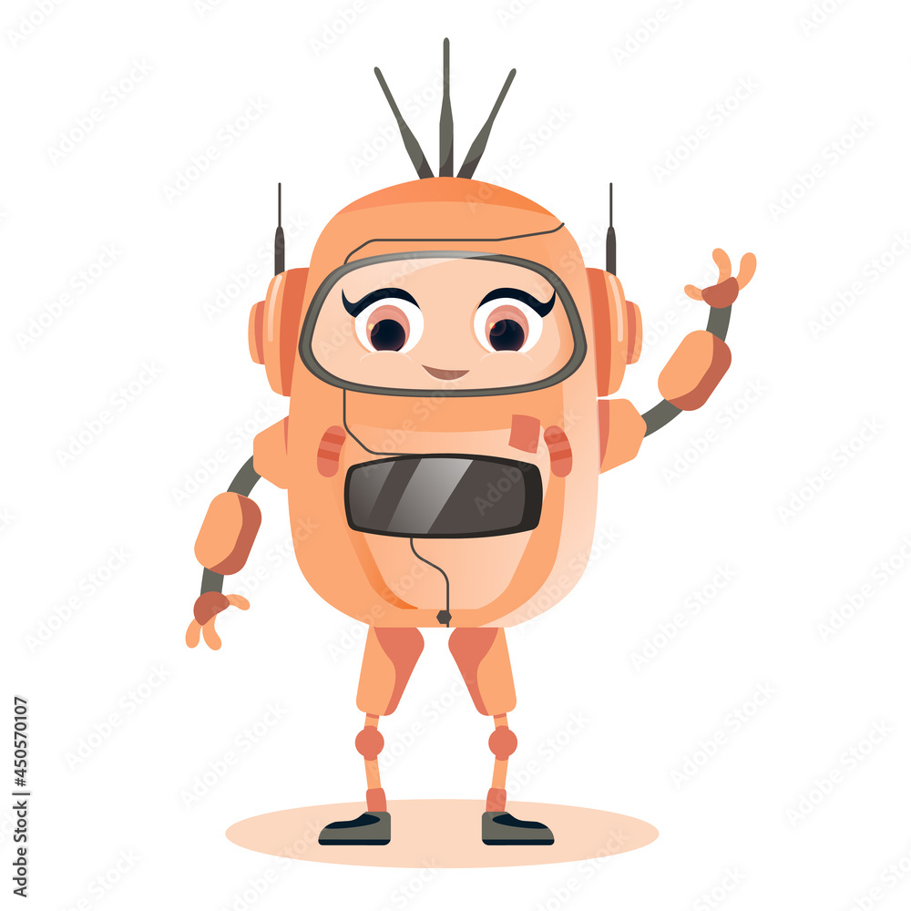 Cute little robot girl in costume on white background. Smiling robotic ...