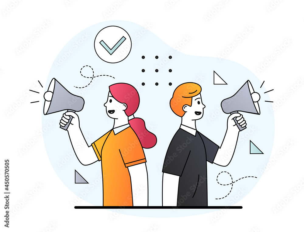 Young male and female business characters are shouting in megaphone for ...
