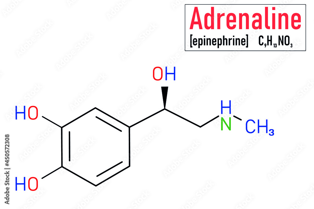 Adrenaline (adrenalin, epinephrine) neurotransmitter molecule. Used as ...