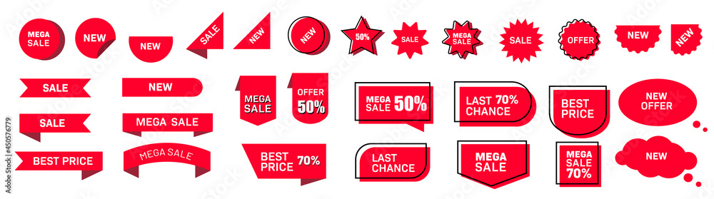 Set of red labels. Sale label collection set. Discount of red tags. The ...
