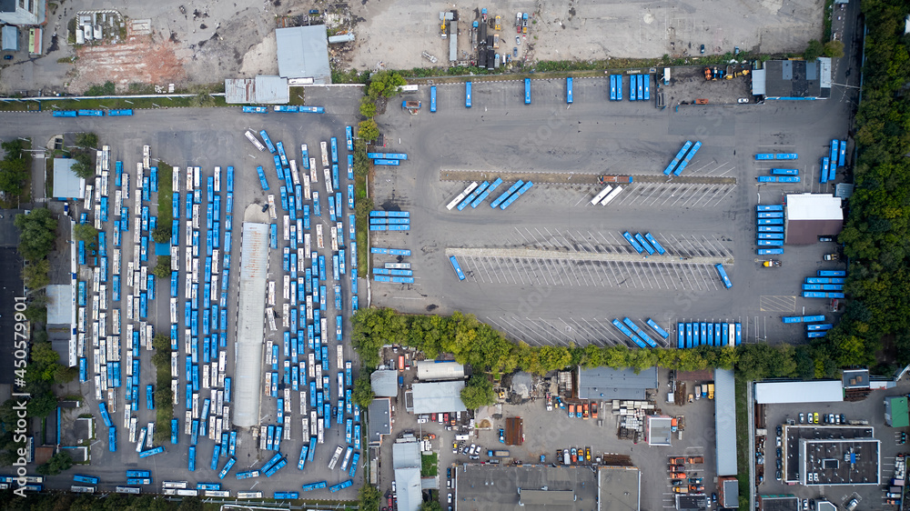 Aerial of the buses and trolley buses in a bus fleet aerial Stock Photo ...