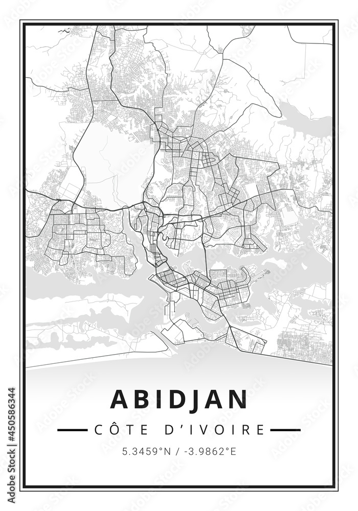Street map art of Abidjan city in Ivory Coast - Africa Stock ...