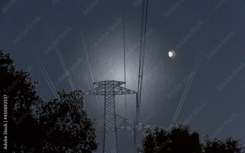 Industrial distribution tower tower viewed from below on sky background ...